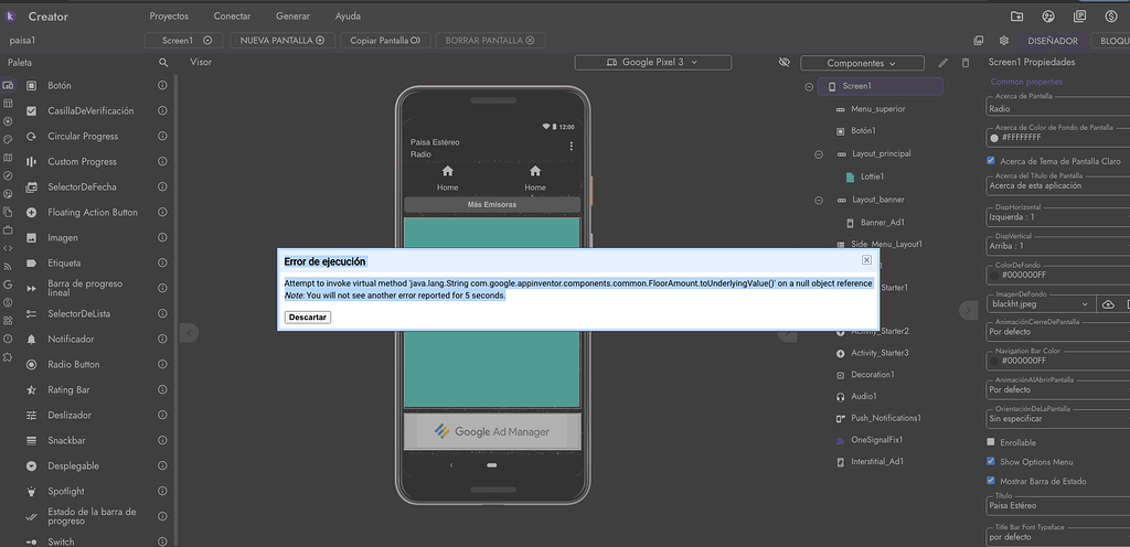 Error de ejecución Attempt to invoke virtual method 'java.lang.String com.google.appinventor ...