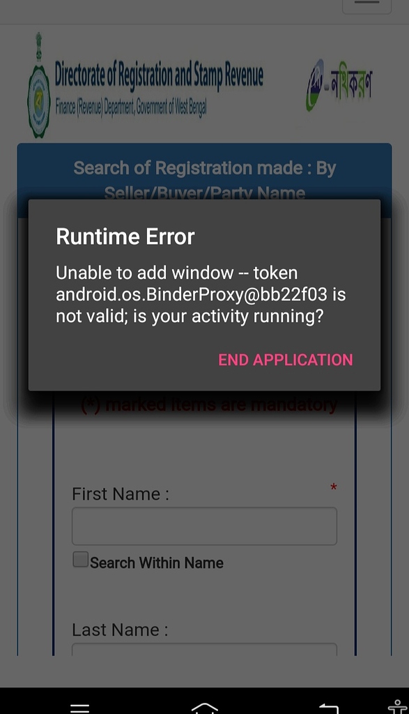 Runtime error: Unable to add window - token ... is not valid, is your activity running ...